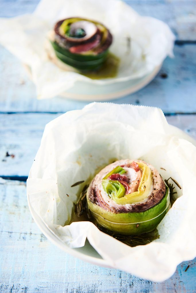 Mulet en papillote avec lard et poireaux | Recette Cuisine